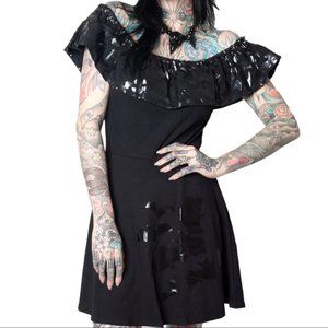 Dresses | Fit Flare Black Goth Mini Glossy Bats Dress Ruffle Shoulder ...